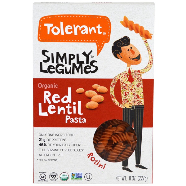 Tolerant Simply Legumes Organic Red Lentil Pasta Rotini - 1Source