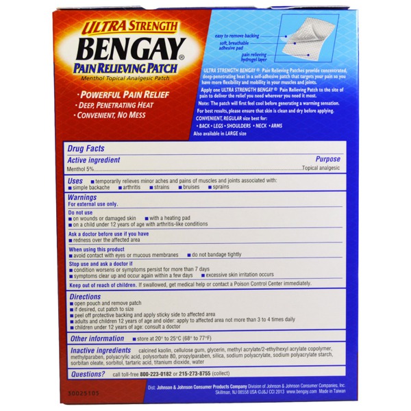 Bengay, Ultra Strength Pain Relieving Patch, Regular Size, 5 Patches, 3 ...