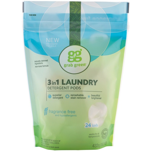 Grabgreen, 3-In-1 Laundry Detergent Pods, Fragrance Free, 24 Loads, 15. ...
