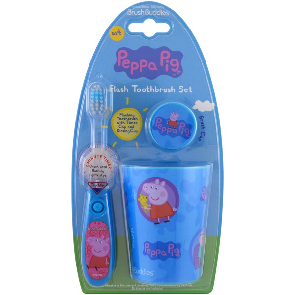 Brush Buddies, Peppa Pig, Flash Toothbrush Set, Soft, 3 Piece Kit - 1Source