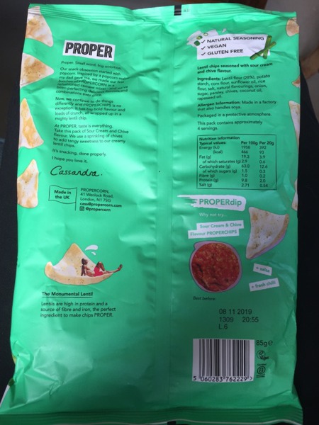 PROPER CHIPS Sour Cream & Chive Flavour (Lentil Chips) - 1Source