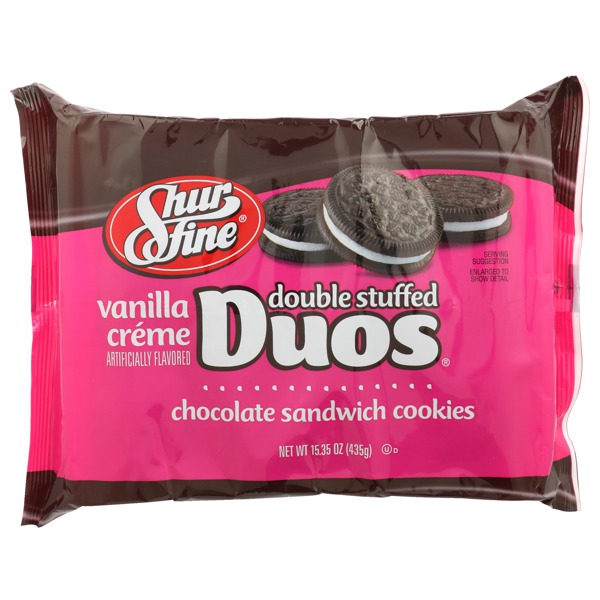 Shurfine VANILLA CREME DOUBLE STUFFED DUOS CHOCOLATE SANDWICH COOKIES ...