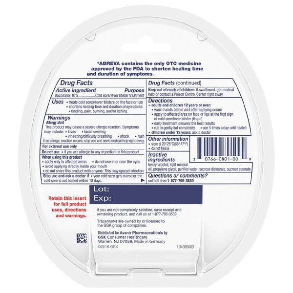 Abreva Docosanol 10% Cream Tube - 1Source