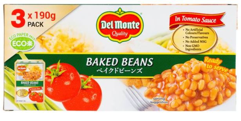 DEL MONTE BAKED BEANS 3 IN 1 TETRA PACK 地捫 茄汁焗豆 (細盒裝) - 1Source