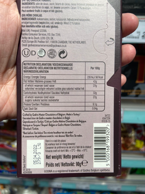 Godiva 72% Cocoa Rich Smooth Dark Chocolate - 1Source