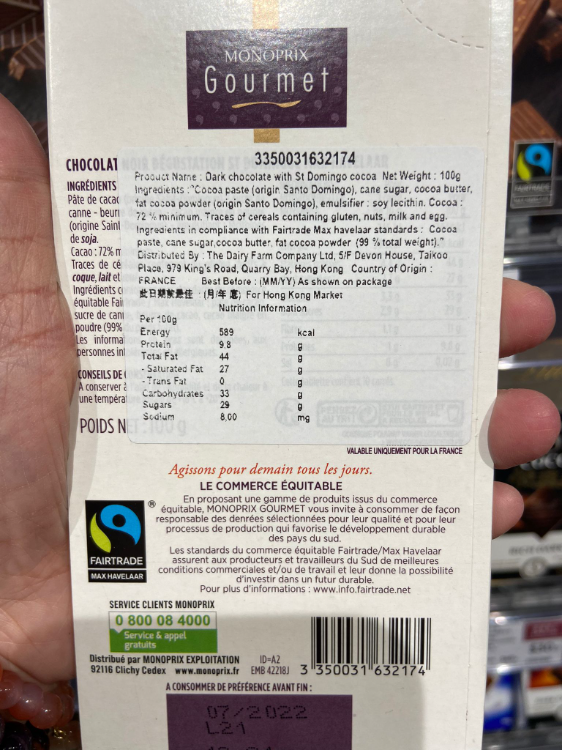 Monoprix Gourmet Chocolat Noir Cacao De Saint Domingue 72% De Cacao ...