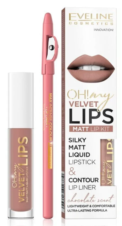 Eveline Cosmetics OH! MY VELVET LIPS MATT LIP KIT Silky Matt Liquid Lipstick & Contour Lip Liner ...