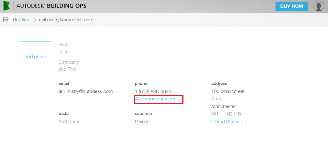 如何使用Wen和Mobile Phone更改Autodesk Building Ops中的位置和移动电话号码