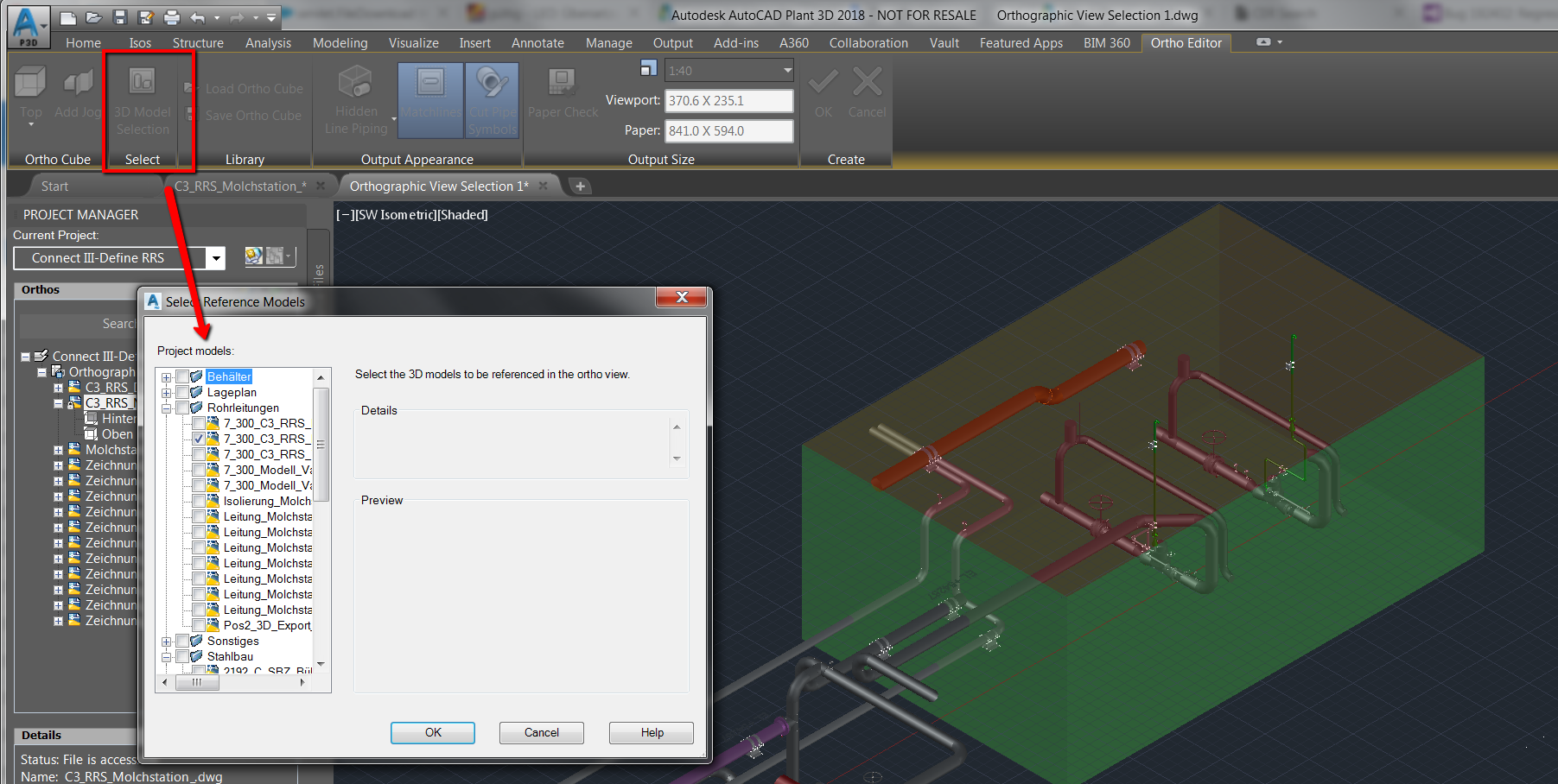 在为正视图创建选择/取消模型时，AutoCAD Plant 3D会崩溃