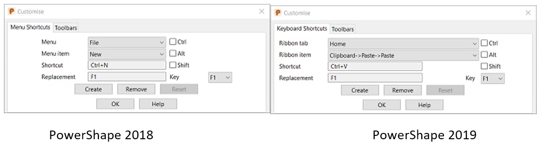 PowerShape 2018中使用的自定义键盘快捷键在2019年不起作用