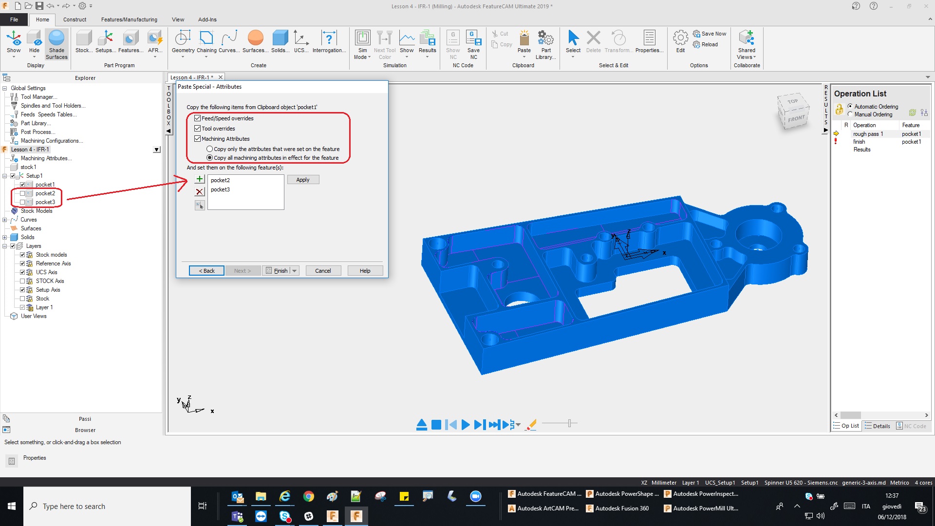 如何在FeatureCAM中使用复制/粘贴特殊命令将属性从一个工具路径复制到另一个工具路径