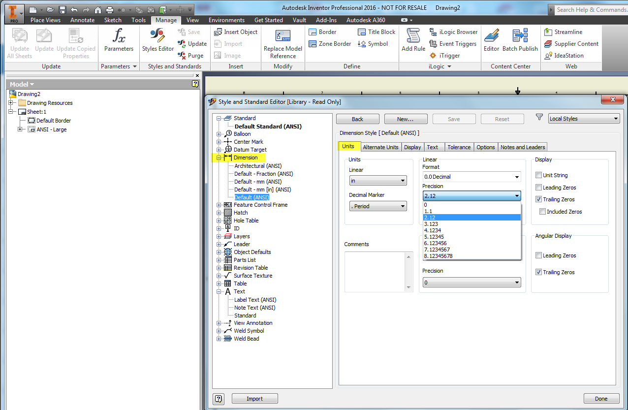 Festlegen der Anzahl von Dezimalstellen für Dimensionen in einem ...