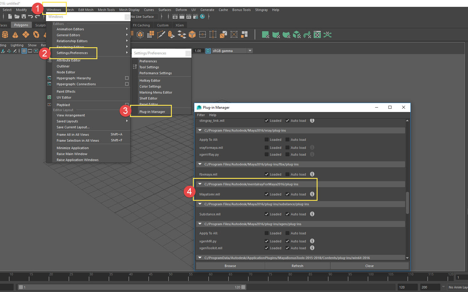 对于Maya 2016 Extension 2，Mental Ray插件未加载