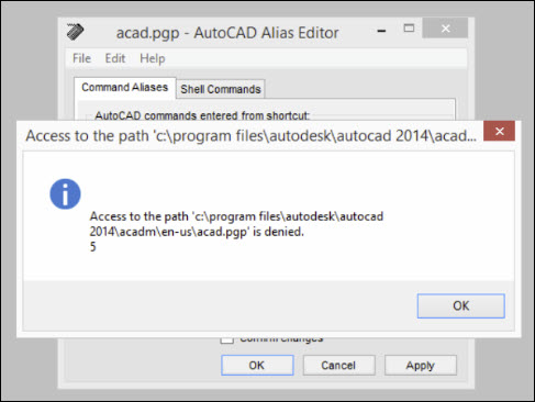 "访问路径'c:\program files\autodesk\autocad 20xx\en-US\acad.pgp'被拒绝。"在AutoCAD中自定义命令别名时