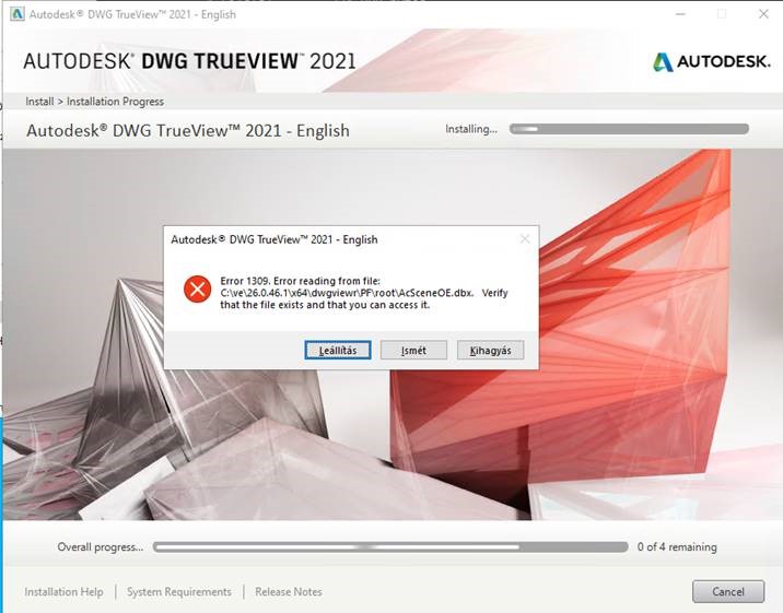 在匈牙利语Windows 10上从英语版Vault Client 2021安装DWG TrueView 2021时出现错误1309