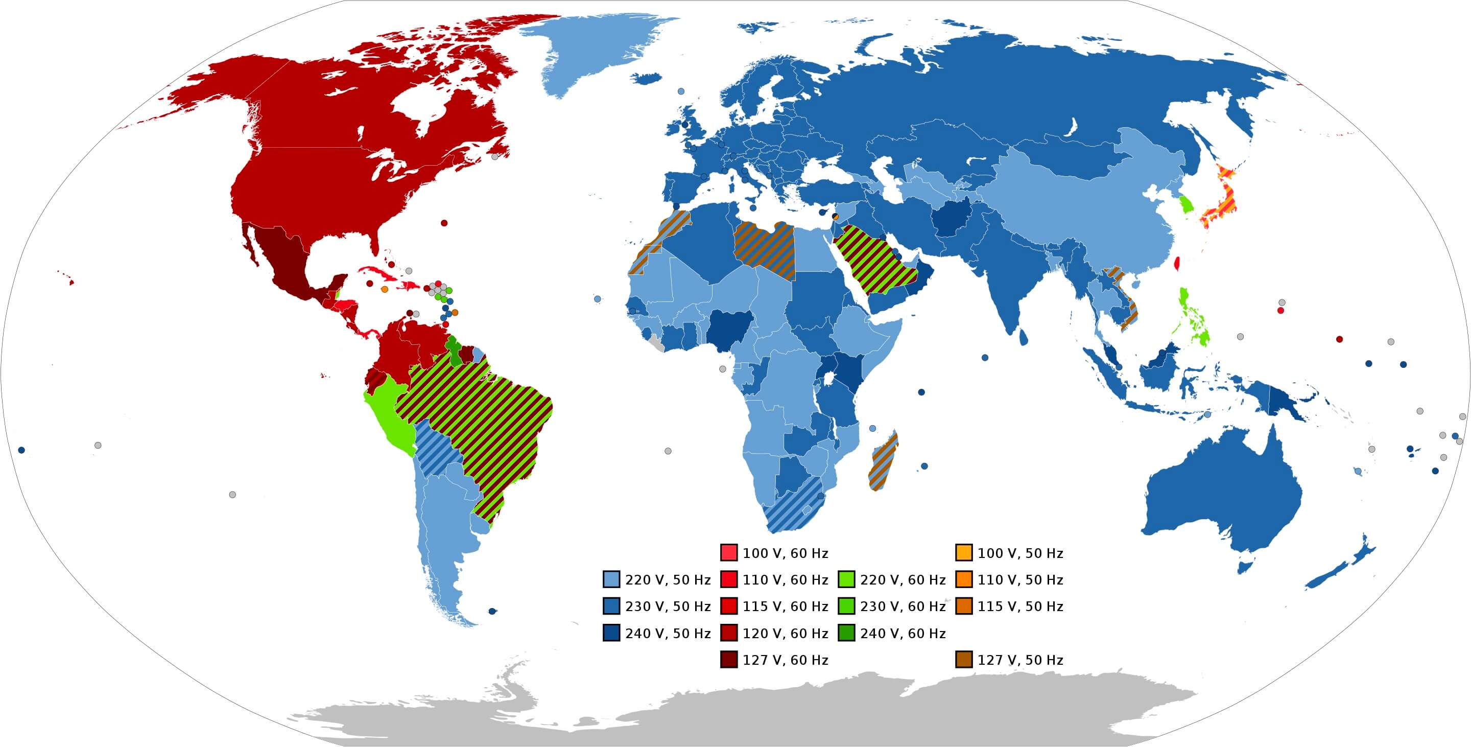 World map of mains voltages and frequencies - photo