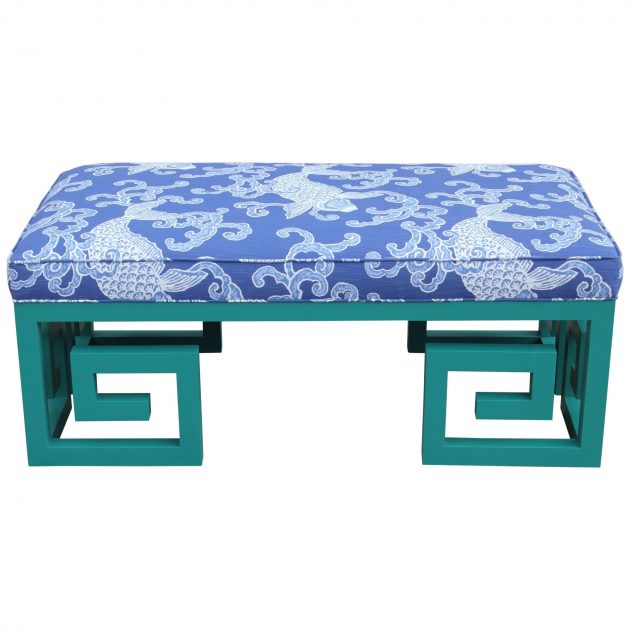 Custom Teal Blue Greek Key Bench with Blue Koi Fish Fabric
