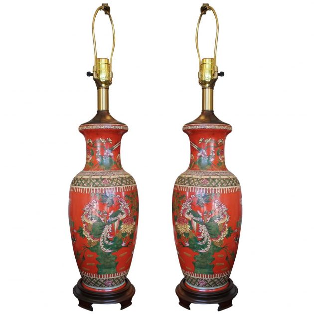 Dramatic Pair of Labarge Chinese Bird Lamps