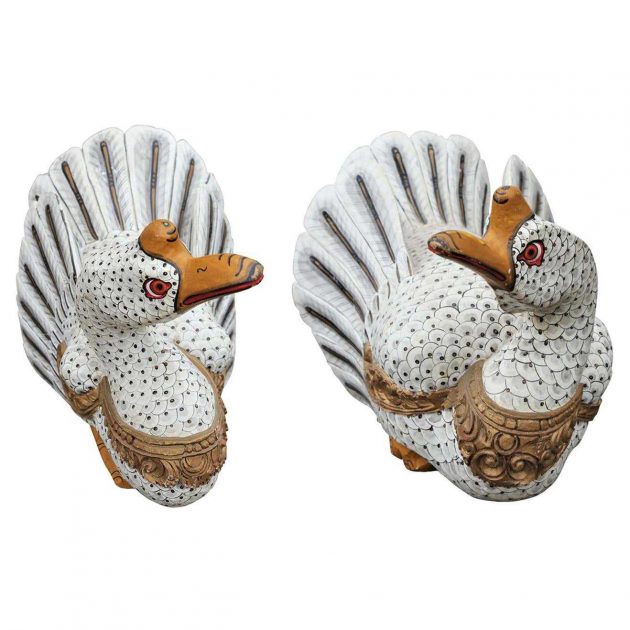 Pair of Large Painted Wooden Modern Italian Folk Art Carved Ducks