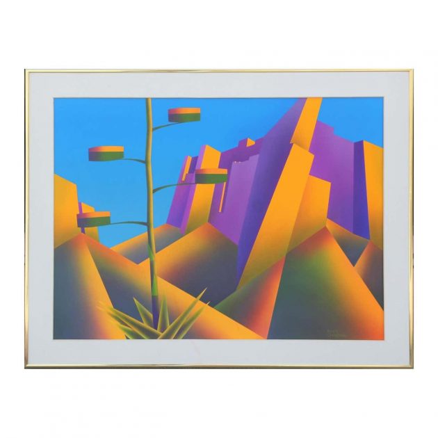 Colorful Abstract Modern Cubist Purple, Yellow & Blue Desert Mountain…