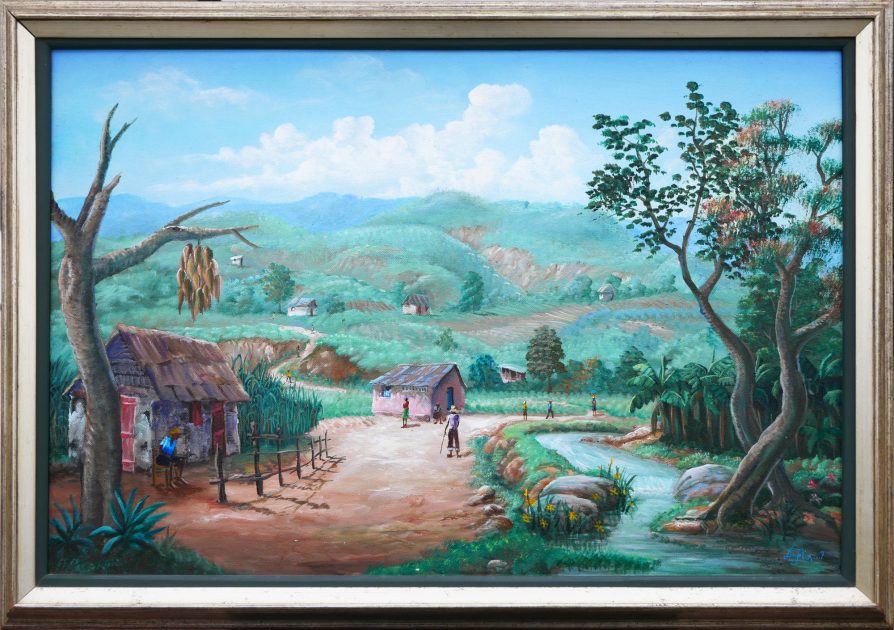 Modern Realist Green & Brown Toned Rural Village Landscape Painting w ...