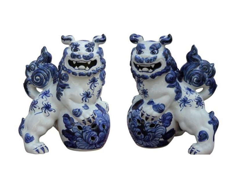 Pair of Porcelain Japanese Blue Foo Dogs 1960's