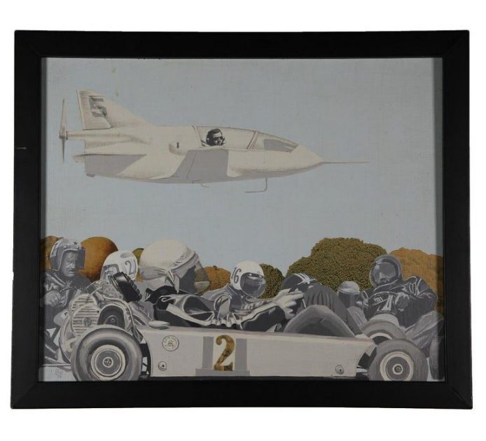 "Racers" Surrealist Painting with Race Car Drivers, 1974