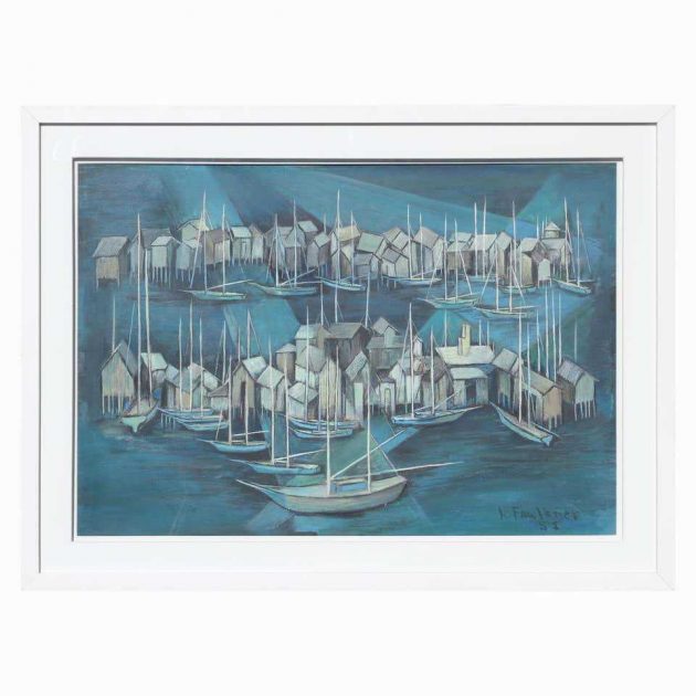 Blue-Toned Cubist Boat Harbour / Marina Landscape Painting 1955