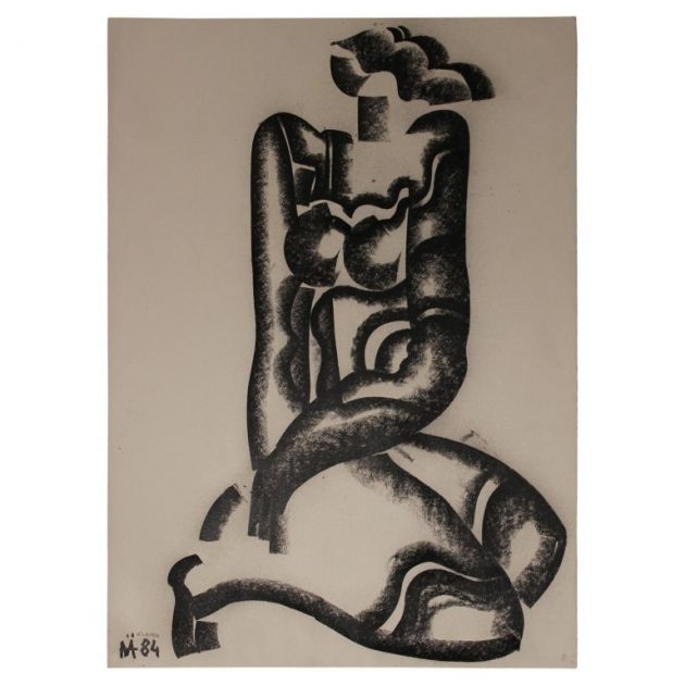 Valery Klever- Abstract Cubist Charcoal Drawing of a Sitting Woman…