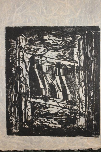 Barbara Maples- "Ranchos Taos, Midnight" Black and White Serigraph…