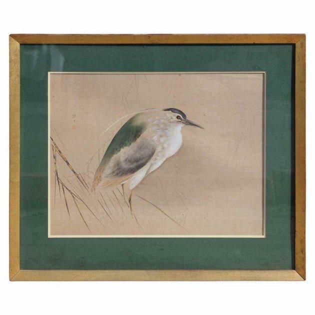 "Green Haron" Traditional Japanese Bird by Seikwa, 20th Century