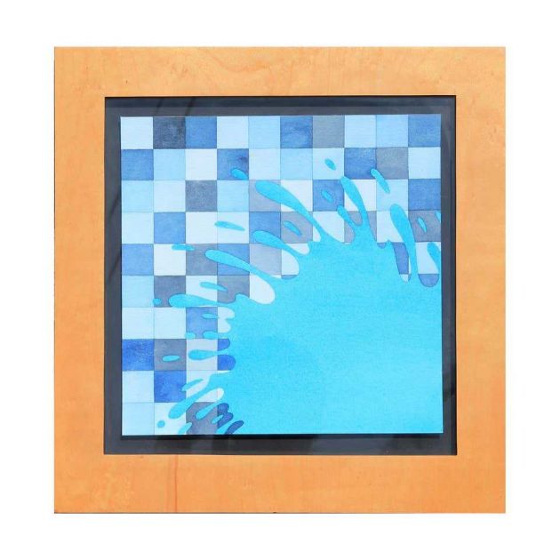 Blue Splat on Checkered Background Watercolor 1998