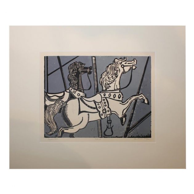 Barbara Maples- "Carousel 1" Animal Serigraph in Blue Tones 1950's