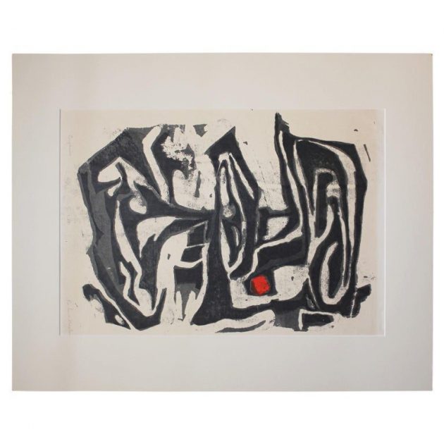 Barbara Maples- "Emphasis" Abstract Black and Red Serigraph 1950's