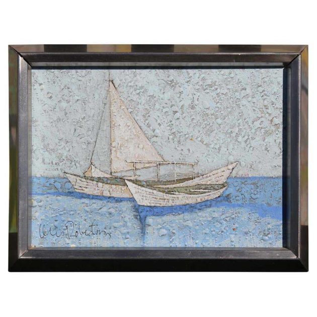 Untitled Miniature Blue Tonal Boat Painting 1970's