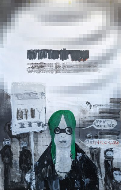 Mark Flood "Globalist Girl" Black, Gray, and Green Abstract Figurative ...