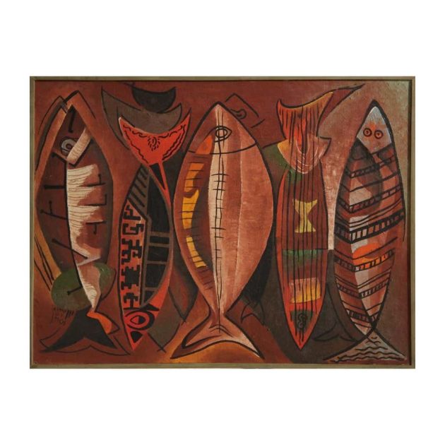 Red Cubist Style Tribal Fish Abstract Painting 20th Century