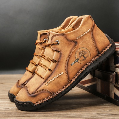 FLYLAND Men's Leather Loafers Vintage Hand Stitching Oxfords Shoes Chukka Bbots Ankle Boots ...