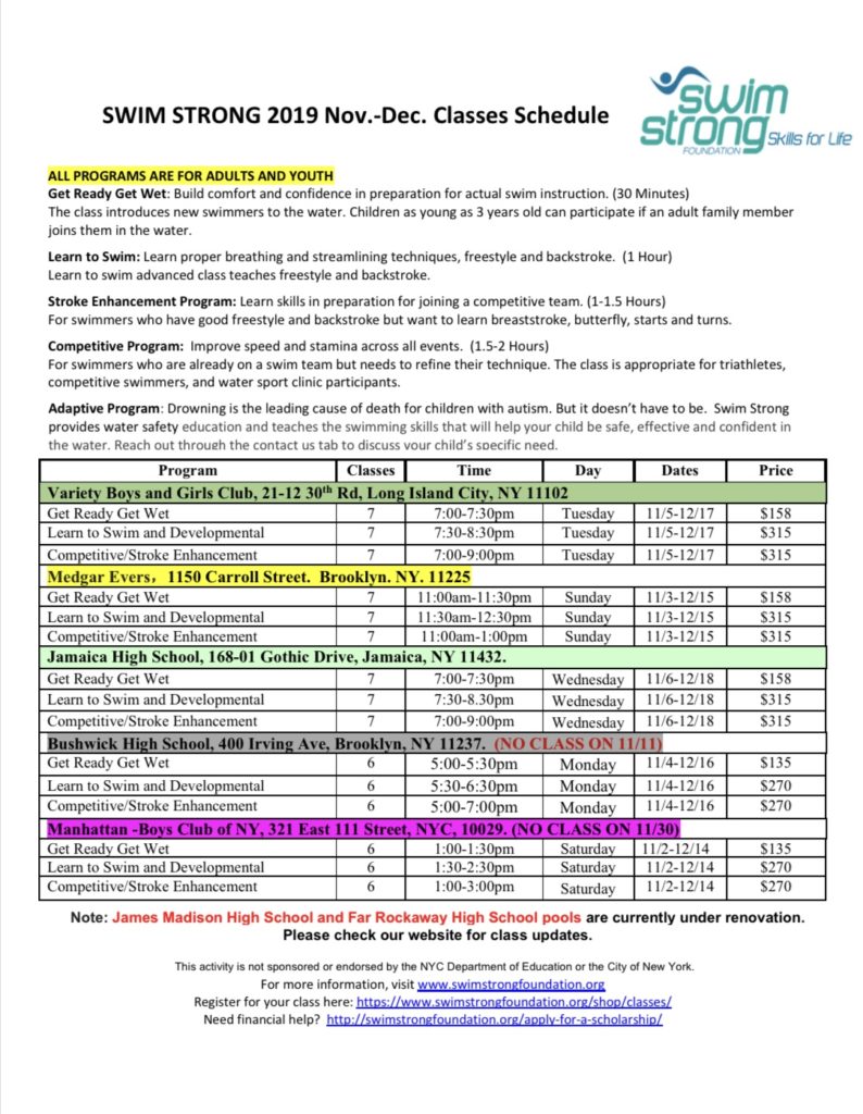 Registration for Nov/ Dec Classes is Open - Swim Strong Foundation