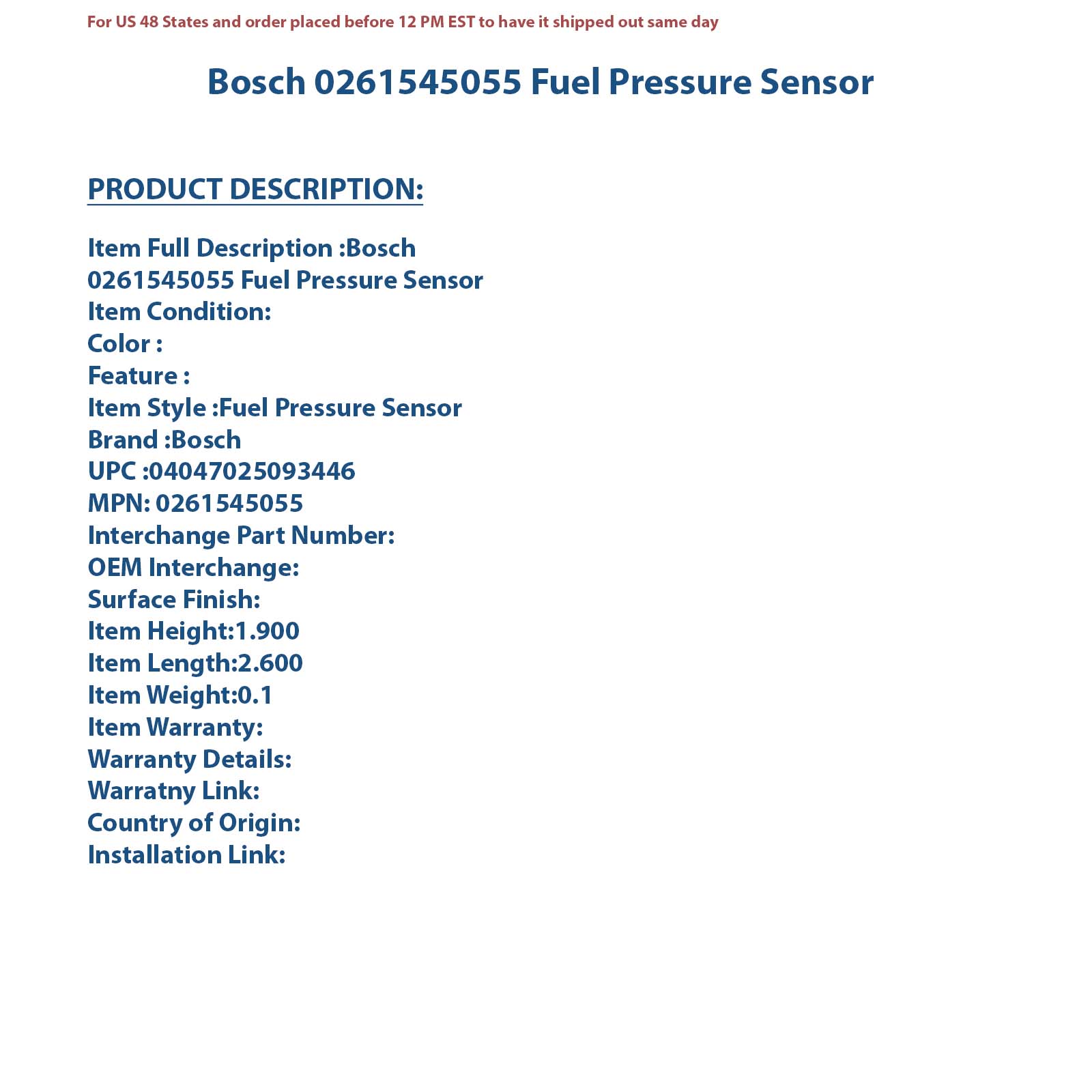 BOSCH 0261545055 FUEL Pressure Sensor £58.52 - PicClick UK